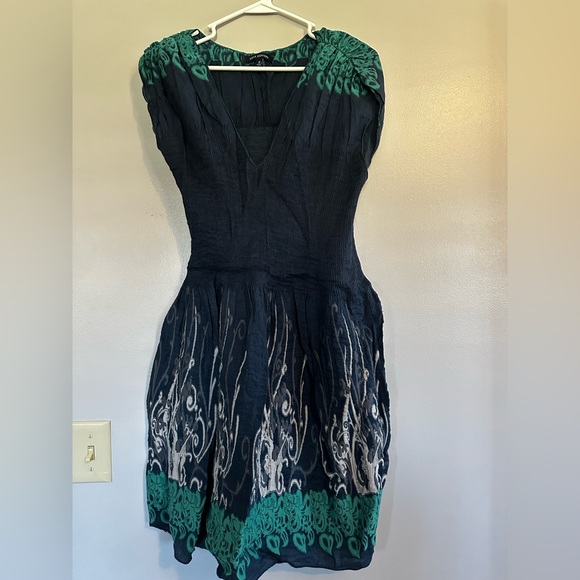 Max Edition | Dresses | Blue Dress With Green And Cream Design | Poshmark